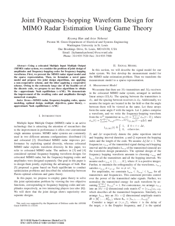 (PDF) Joint frequency-hopping waveform design for MIMO radar estimation using game theory