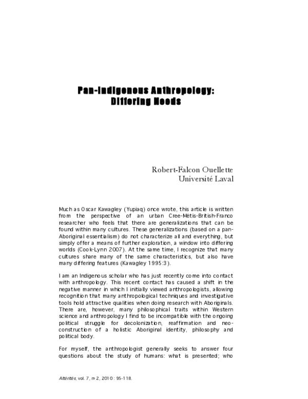 (PDF) Pan-Indigenous Anthropology: Differing Needs