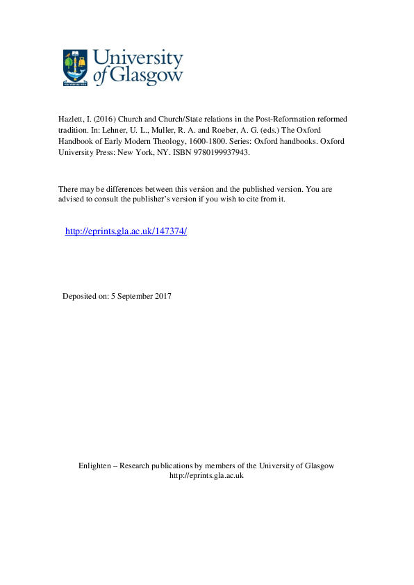 (PDF) Church and Church/State Relations in the Post-Reformation ...