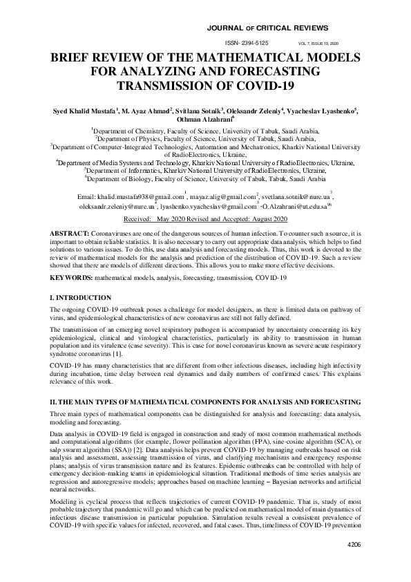 (PDF) Brief Review of the Mathematical Models for Analyzing and Forecasting Transmission of COVID-19