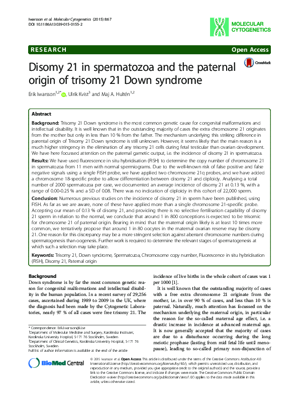 (PDF) Disomy 21 in spermatozoa and the paternal origin of trisomy 21 ...