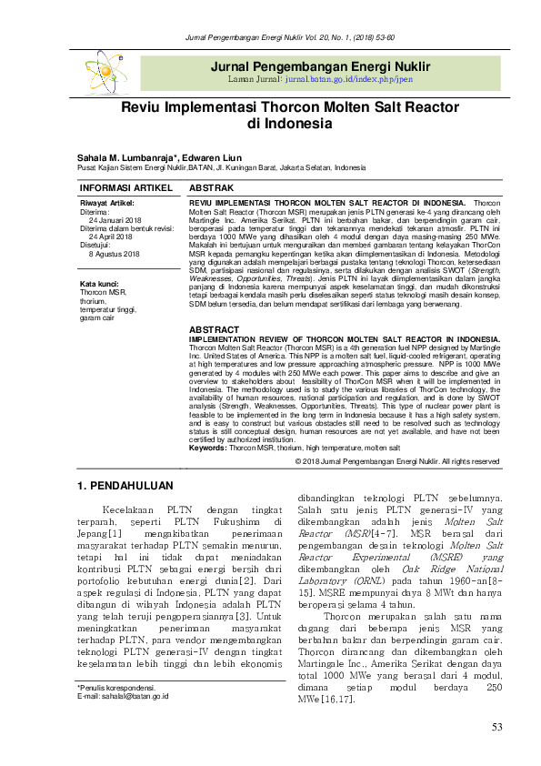 (PDF) Reviu Implementasi Thorcon Molten Salt Reactor di Indonesia