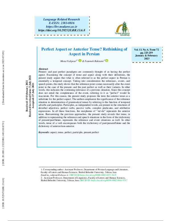 (PDF) Perfect Aspect or Anterior Tense? Rethinking of Aspect in Persian [In Persian]