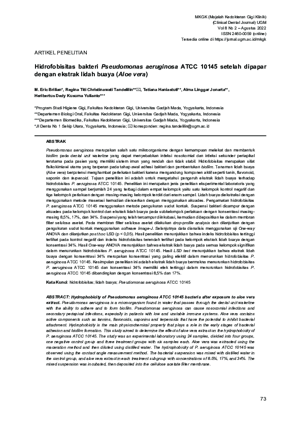 (PDF) Hidrofobisitas bakteri Pseudomonas aeruginosa ATCC 10145 setelah dipapar dengan ekstrak ...