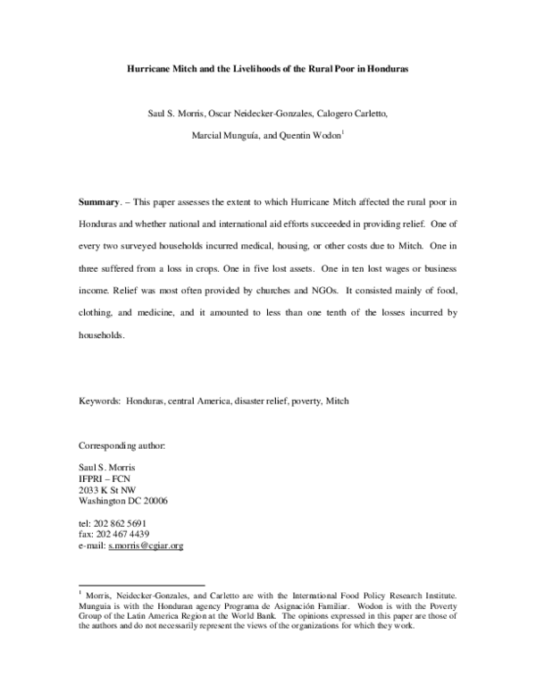 (PDF) Hurricane Mitch and the Livelihoods of the Rural Poor in Honduras