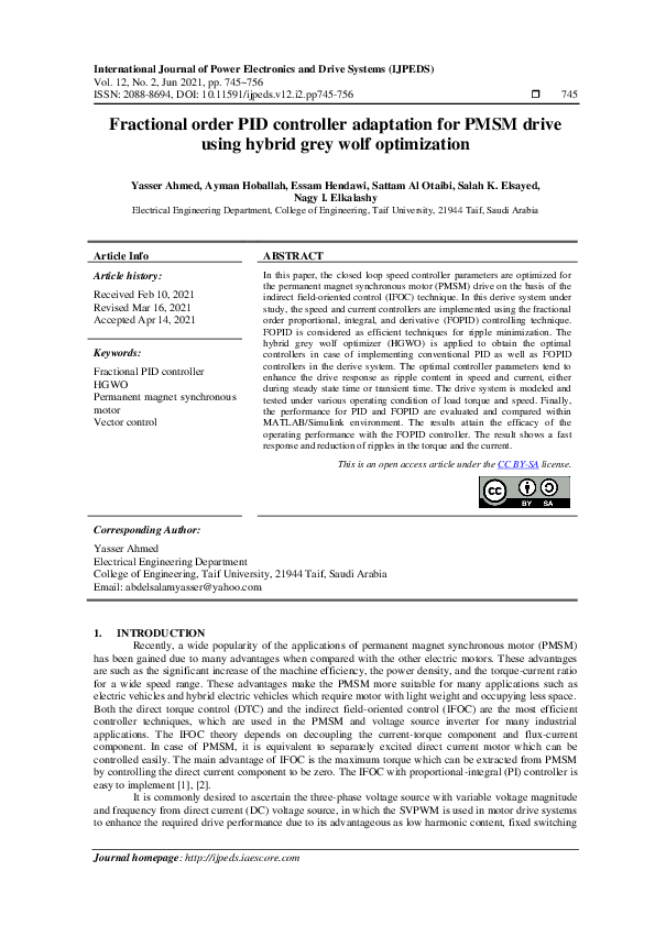 Fractional Order Pid Controller Adaptation For Pmsm Drive Using Hybrid