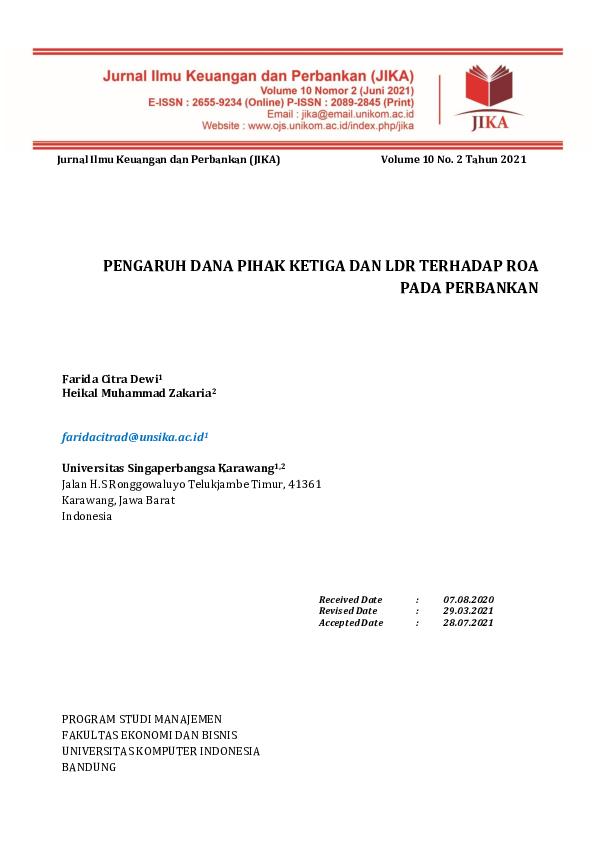 (PDF) Pengaruh Dana Pihak Ketiga Dan Loan to Deposit Ratio (LDR) Terhadap Return on Assets (Roa ...