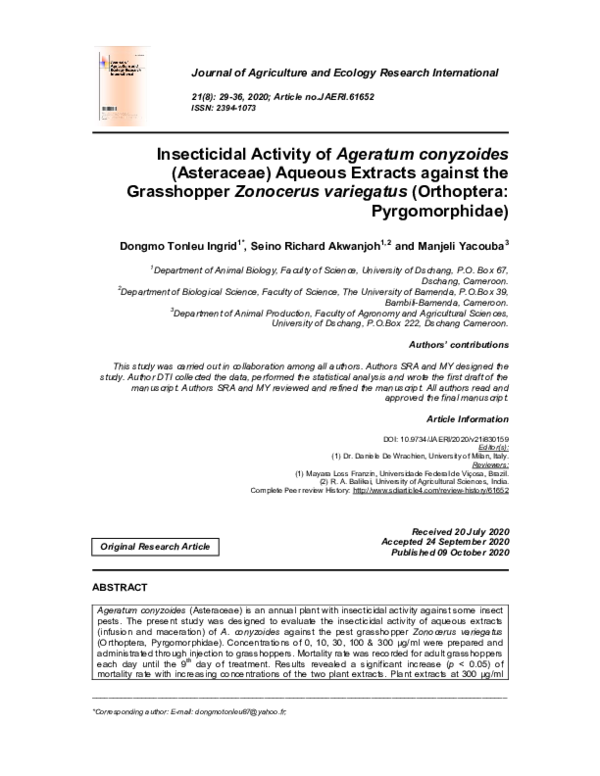 (PDF) Insecticidal Activity of Ageratum conyzoides (Asteraceae) Aqueous ...