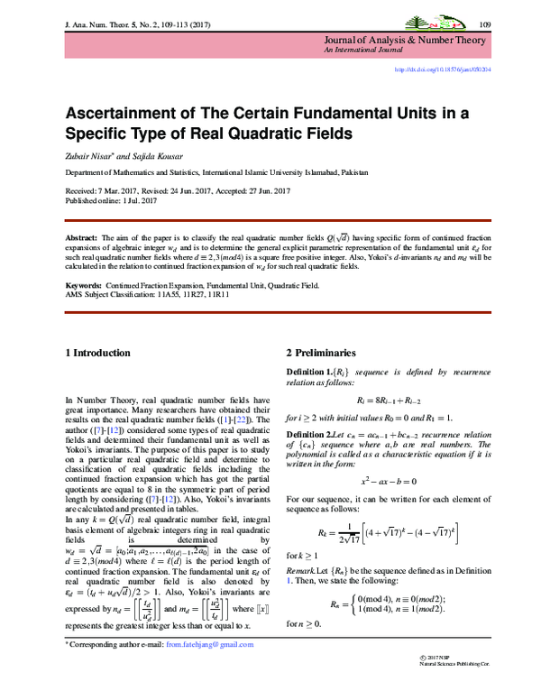 (PDF) Ascertainment of The Certain Fundamental Units in a Specific Type of Real Quadratic Fields