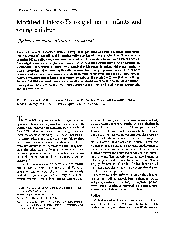 (PDF) Modified Blalock-Taussig shunt in infants and young children ...