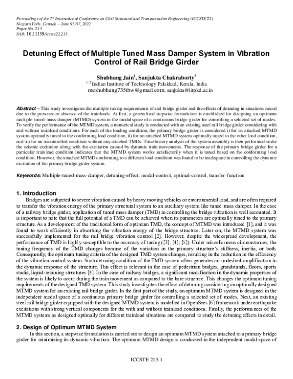 (PDF) Detuning Effect of Multiple Tuned Mass Damper System in Vibration Control of Rail Bridge ...