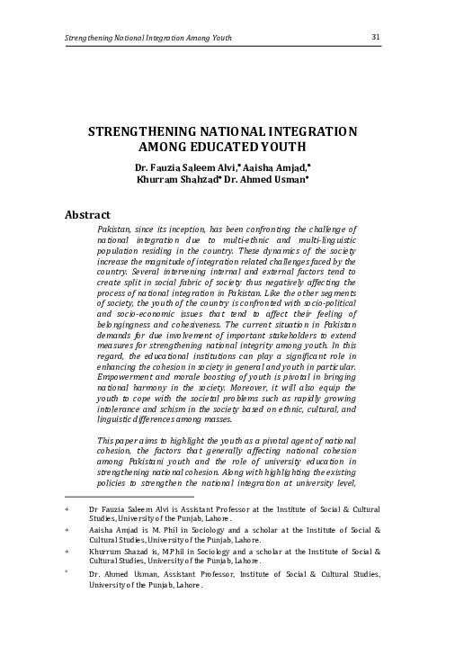 (PDF) Strengthening National Integration Among Educated Youth