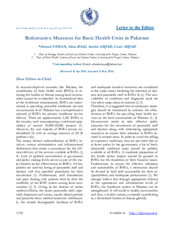 (PDF) Reformative Measures for Basic Health Units in Pakistan