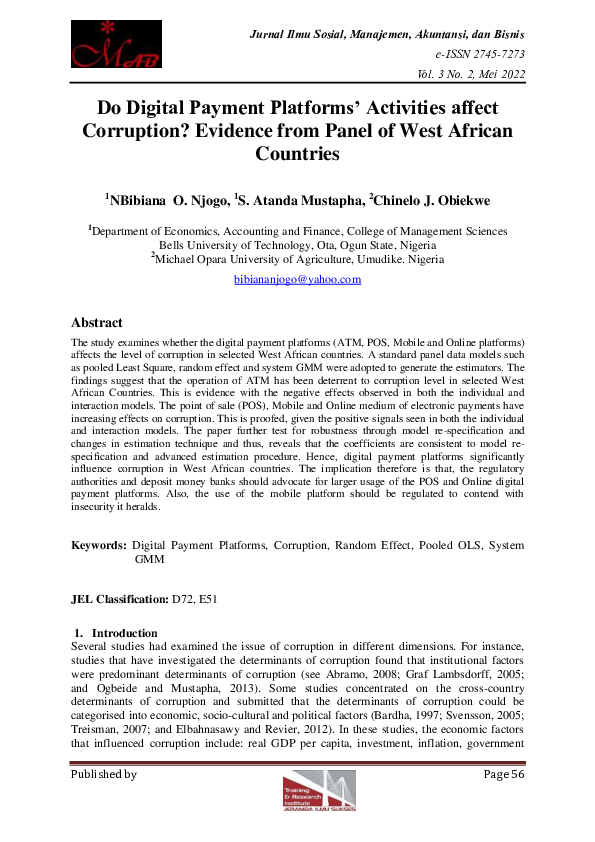 (PDF) Do Digital Payment Platforms’ Activities affect Corruption? Evidence from Panel of West ...