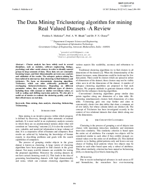 (PDF) The Data Mining Triclustering algorithm for mining Real Valued Datasets-A Review