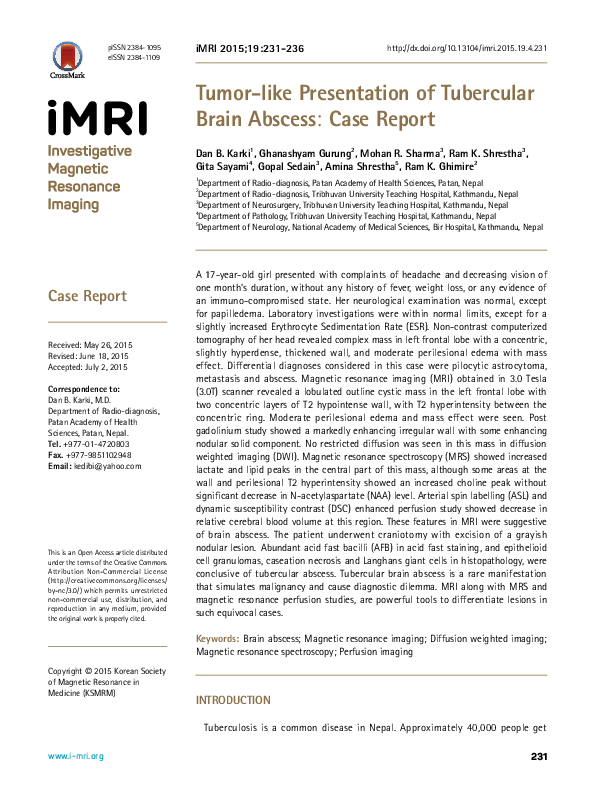 (PDF) Tumor-like Presentation of Tubercular Brain Abscess: Case Report