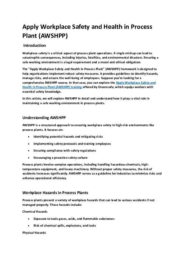 (PDF) Apply Workplace Safety and Health in Process Plant (AWSHPP