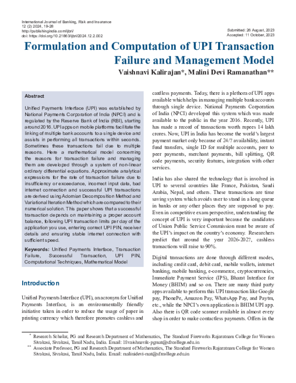 (PDF) Formulation and Computation of UPI Transaction Failure and Management Model