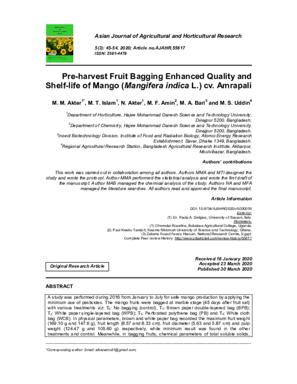 (PDF) Pre-harvest Fruit Bagging Enhanced Quality and Shelf-life of Mango (Mangifera indica L ...
