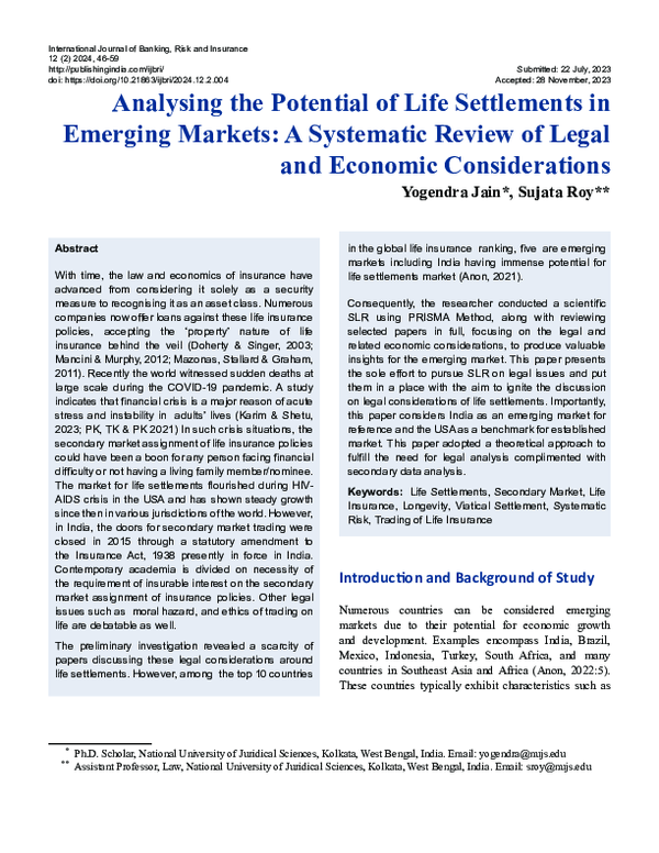 (PDF) Analysing the Potential of Life Settlements in Emerging Markets ...