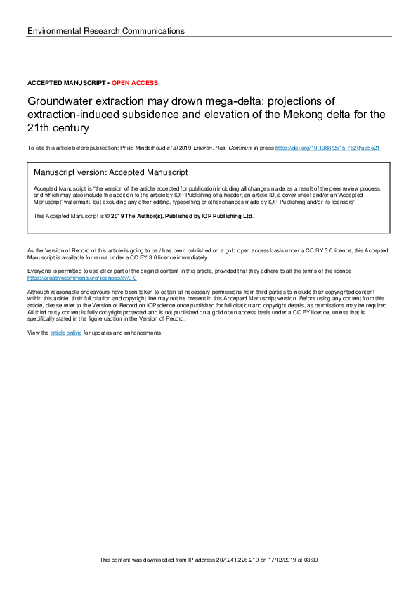 (PDF) Groundwater extraction may drown mega-delta: projections of ...