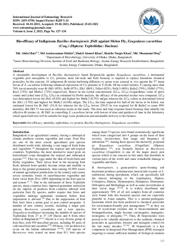 (PDF) Bio-efficacy of Indigenous Bacillus thuringiensis JSd1 against ...
