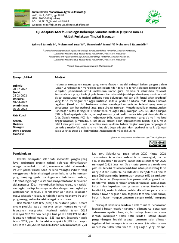 (PDF) Uji Adaptasi Morfo-Fisiologis Beberapa Varietas Kedelai (Glycine max.L) Akibat Perlakuan ...