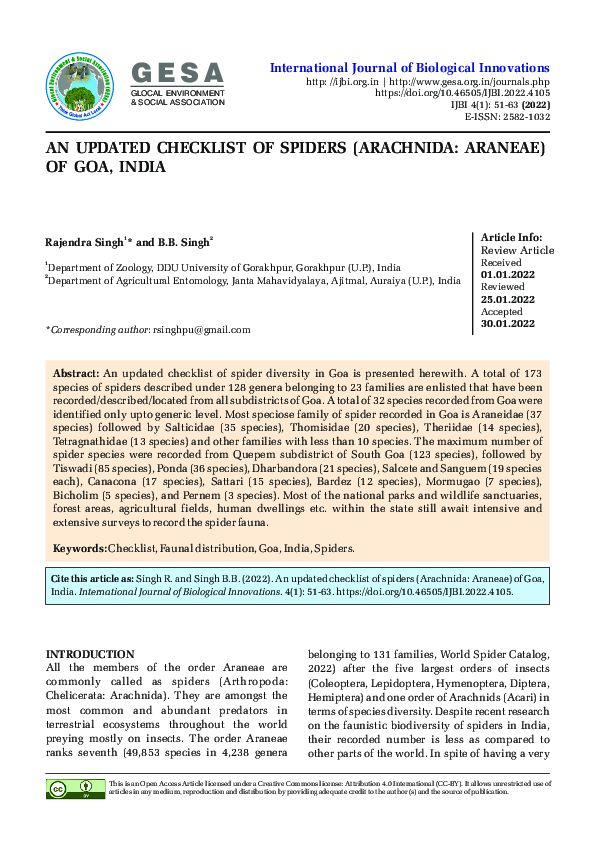 (PDF) An Updated Checklist of Spiders (Arachnida: Araneae) of Goa, India