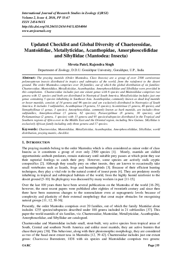 Updated Checklist and Global Diversity of Chaeteessidae, Mantoididae ...