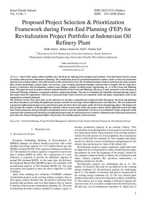 (PDF) Proposed Project Selection & Prioritization Framework during Front-End Planning (FEP) for ...