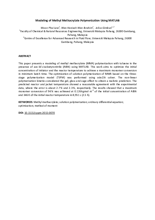 (PDF) Modeling of Methyl Methacrylate Polymerization Using MATLAB