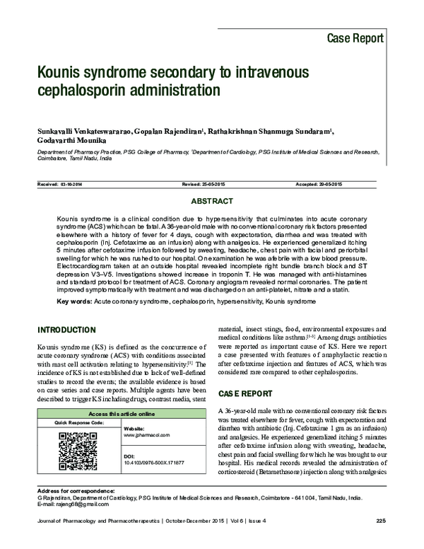 (PDF) Kounis syndrome secondary to intravenous cephalosporin administration