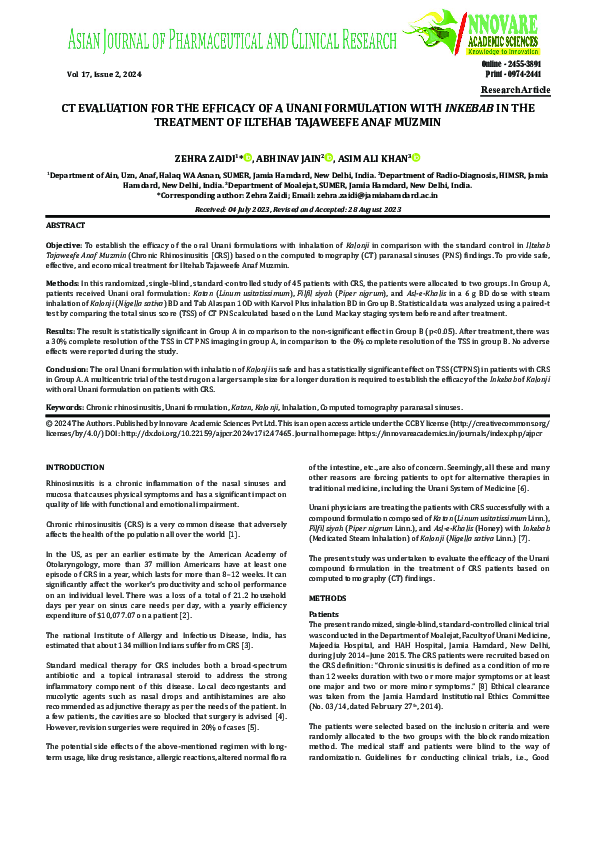(PDF) CT EVALUATION FOR THE EFFICACY OF A UNANI FORMULATION WITH ...