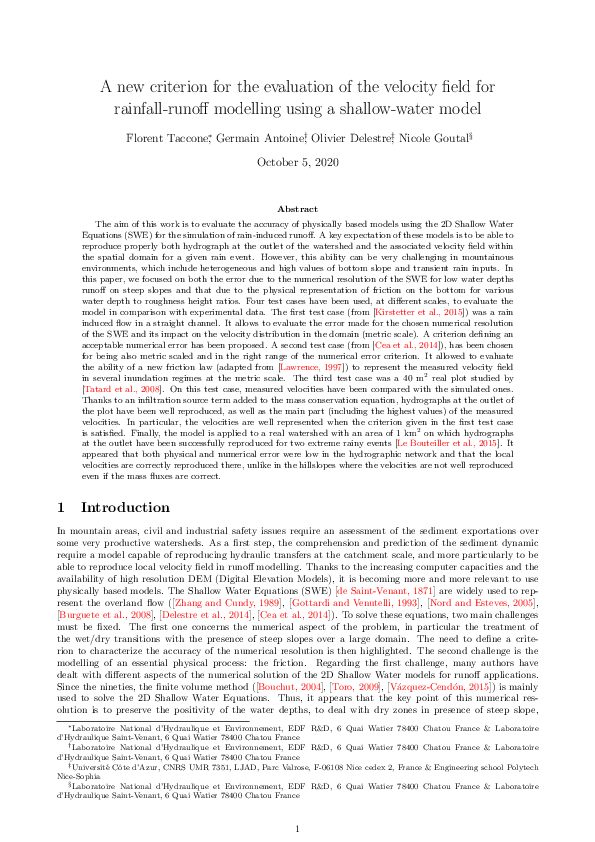 A new criterion for the evaluation of the velocity field for rainfall-runoff modelling using a ...