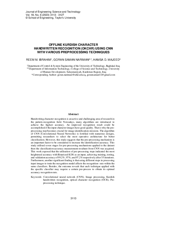 (PDF) OFFLINE KURDISH CHARACTER HANDWRITTEN RECOGNITION (OKCHR) USING CNN WITH VARIOUS ...