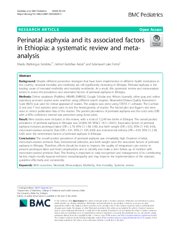 (PDF) Perinatal asphyxia and its associated factors in Ethiopia: a systematic review and meta ...