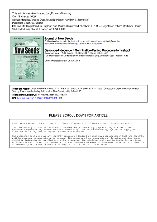 (PDF) Genotype-Independent Germination-Testing Procedure for Isabgol