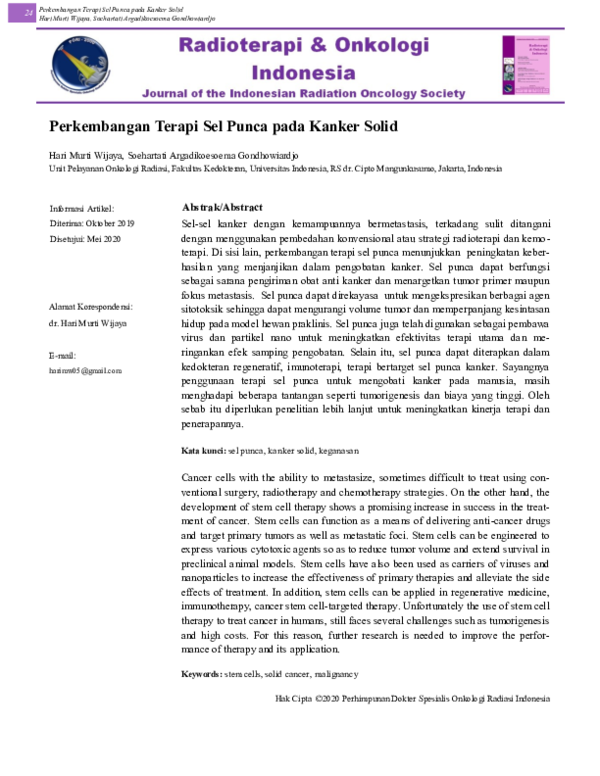 (PDF) Perkembangan Terapi Sel Punca pada Kanker Solid