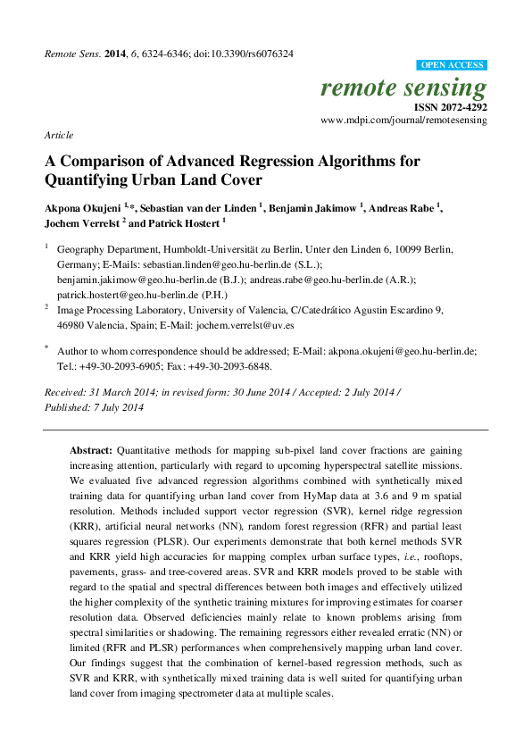 A Comparison of Advanced Regression Algorithms for Quantifying Urban Land Cover