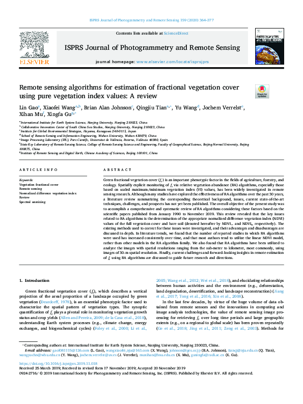 (PDF) Remote sensing algorithms for estimation of fractional vegetation cover using pure ...