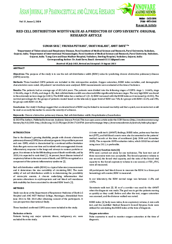 Pdf Red Cell Distribution Width Value As A Predictor Of Copd Severity Original Research Article