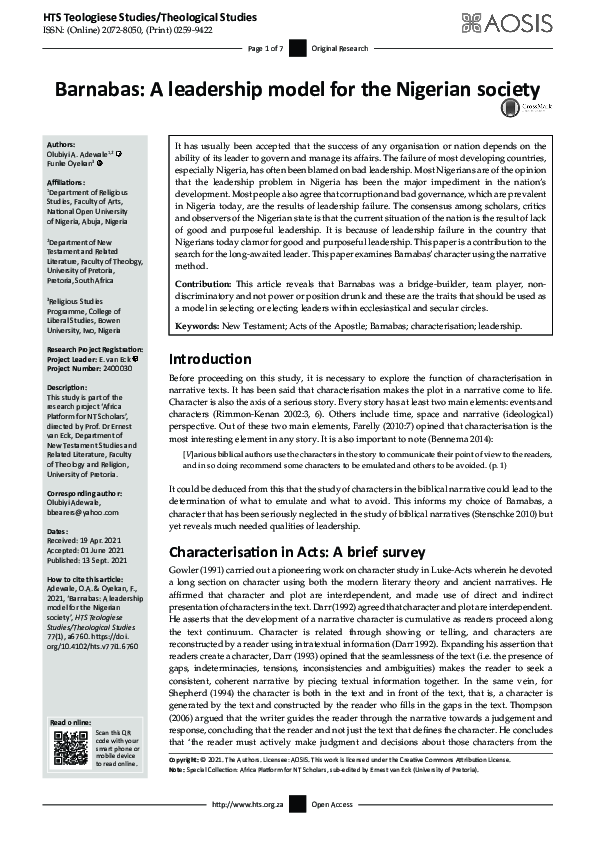 (PDF) Barnabas: A leadership model for the Nigerian society
