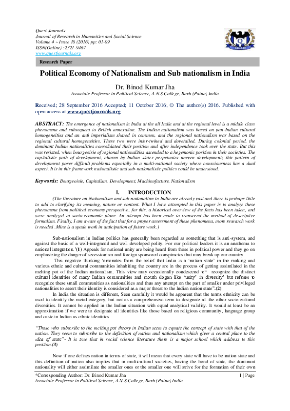 (PDF) Political Economy of Nationalism and Sub nationalism in India
