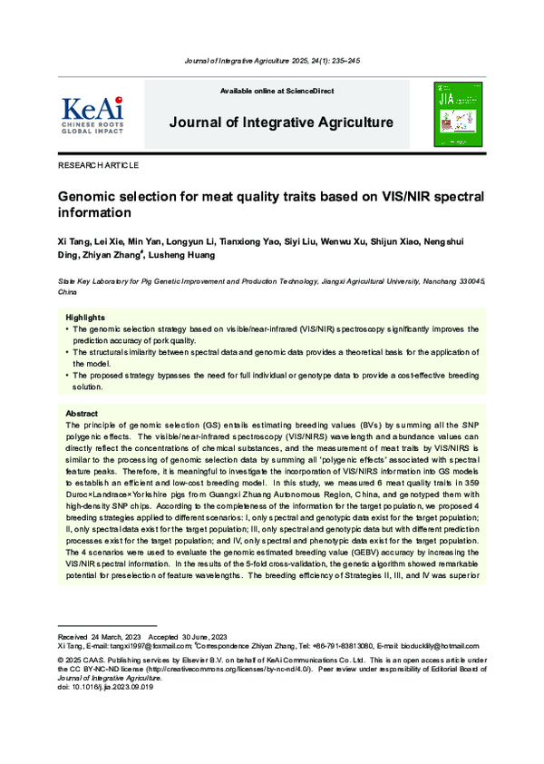 (PDF) Genomic selection for meat quality traits based on VIS/NIR ...