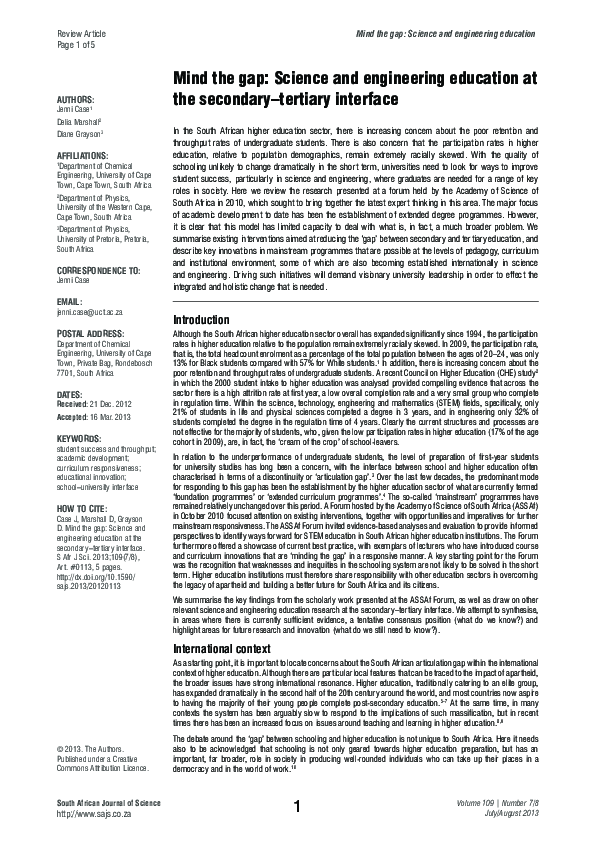 (PDF) Mind the gap: Science and engineering education at the secondary ...