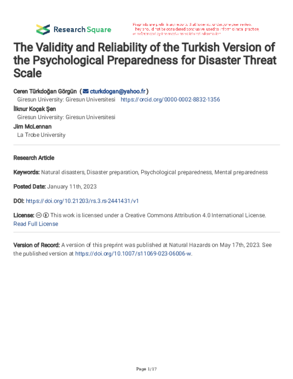 (PDF) The Validity and Reliability of the Turkish Version of the Psychological Preparedness for ...