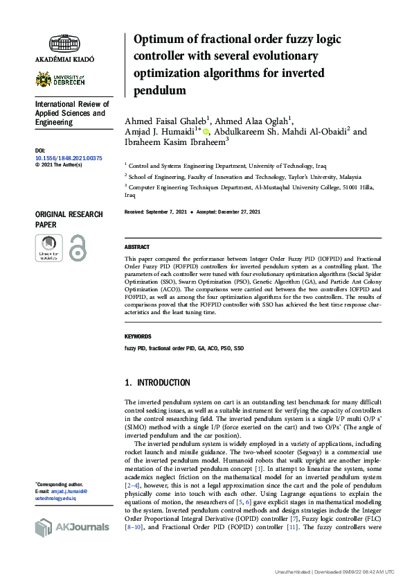 (PDF) Optimum of fractional order fuzzy logic controller with several evolutionary optimization ...