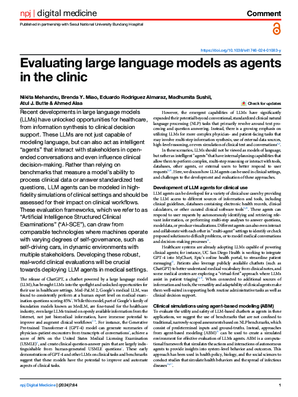 (PDF) Evaluating large language models as agents in the clinic