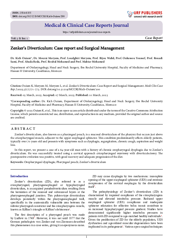 (PDF) Zenker's Diverticulum: Case report and Surgical Management