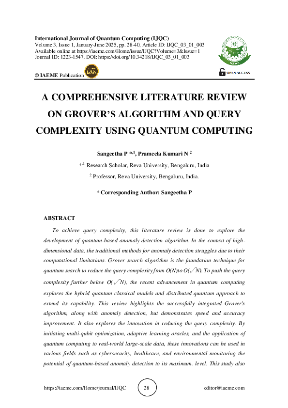 (PDF) A COMPREHENSIVE LITERATURE REVIEW ON GROVER'S ALGORITHM AND QUERY COMPLEXITY USING QUANTUM ...
